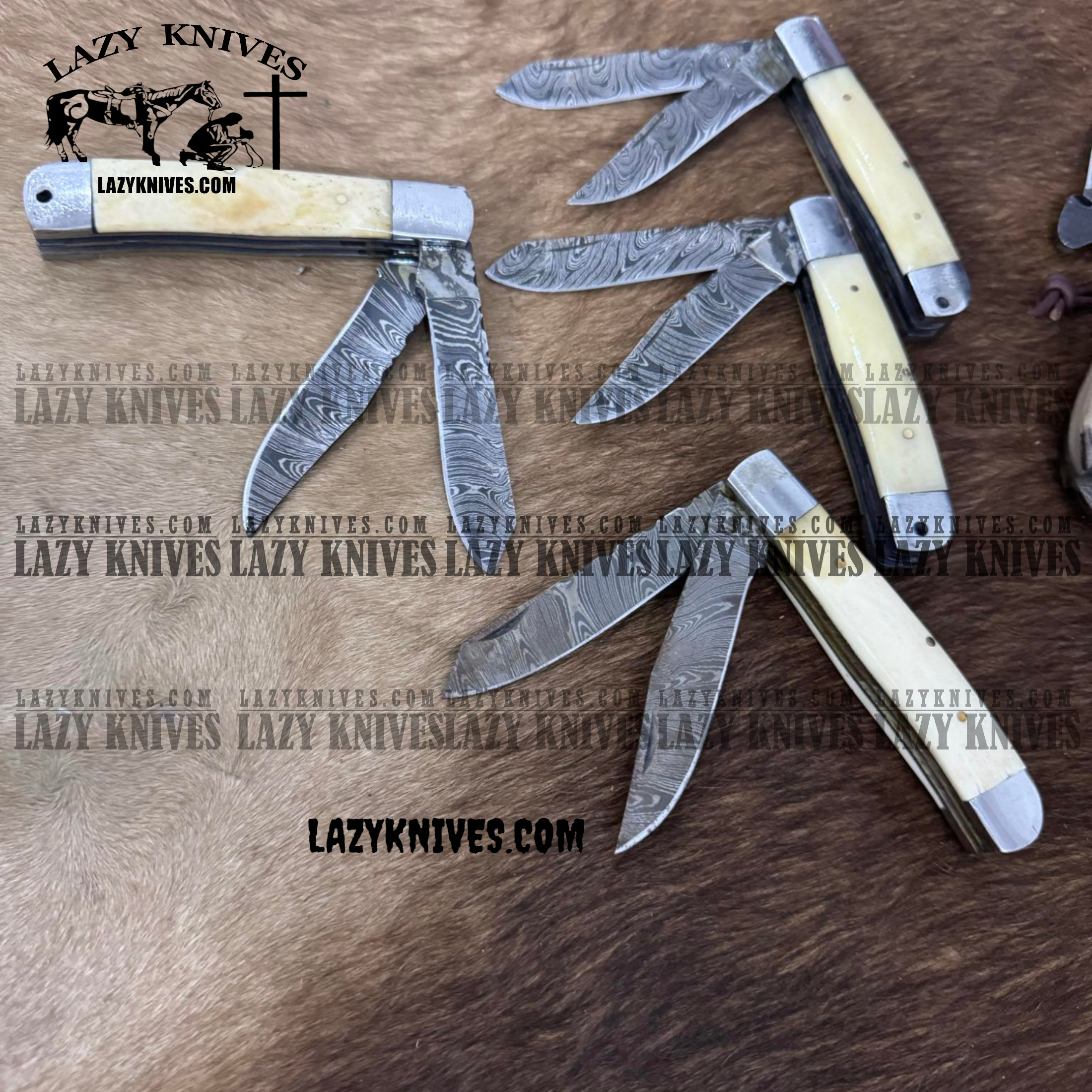 FOUR HANDMADE CUSTOM FOLDING KNIVES DOUBLE DAMASCUS STEEL FIXED BLADE ...