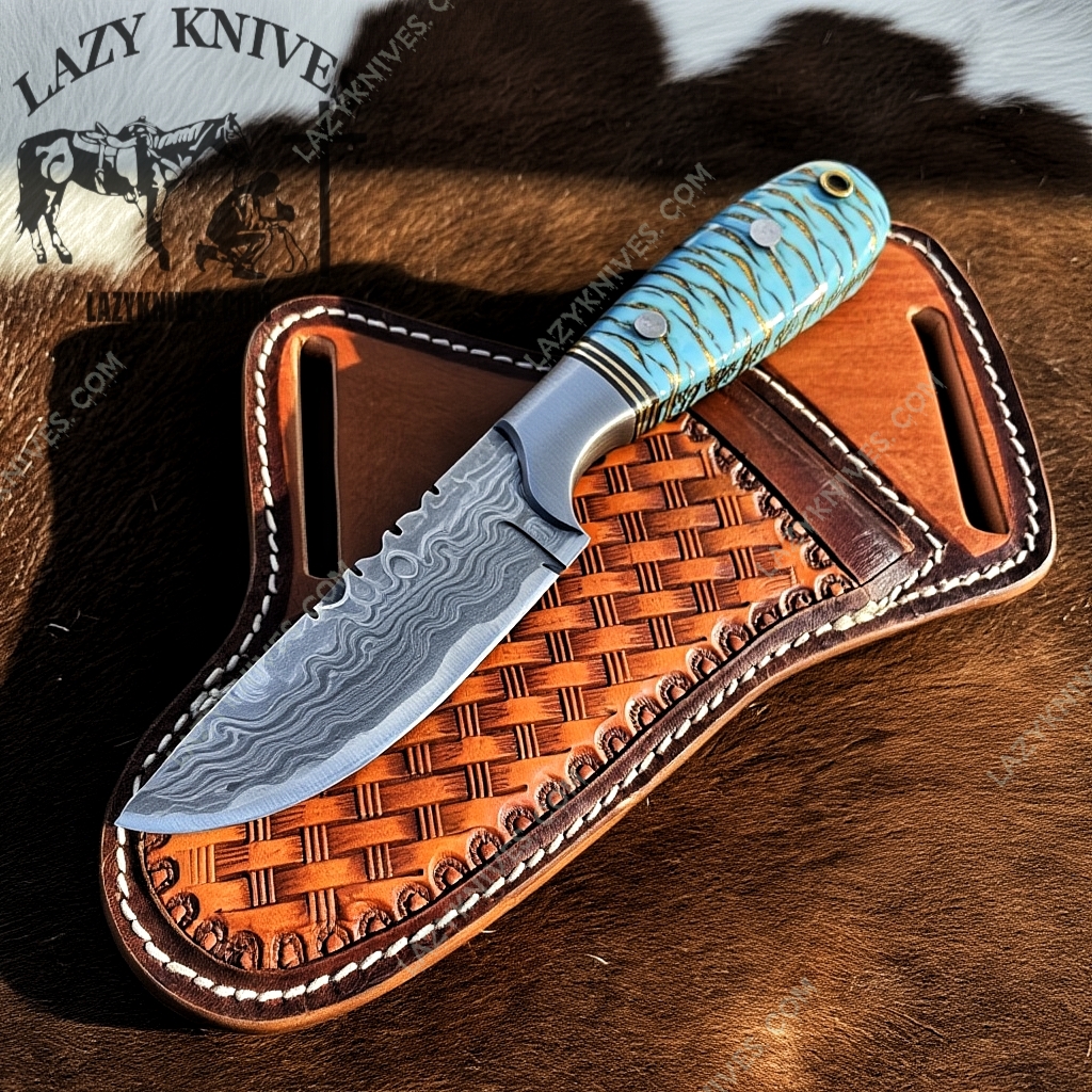 Custom made Damascus steel pine cone handle cowboy knife - Lazy Knives
